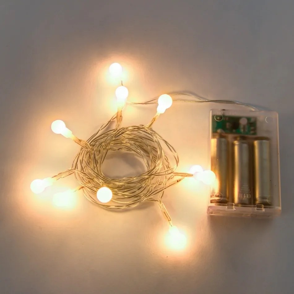 LED světýlka na baterie, kouličky, 2,1 m, teple bílá, 10 diod, čirý kabel, IP20 interiér, 3 × AA