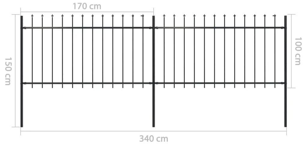 vidaXL Marketos Zahradní plot s kopím nahoře ocelový 359 x 100 cm černý