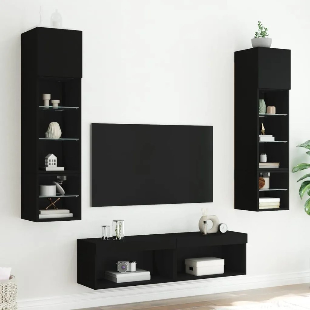 6dílná obývací stěna s LED osvětlením černá kompozitní dřevo - Default Title