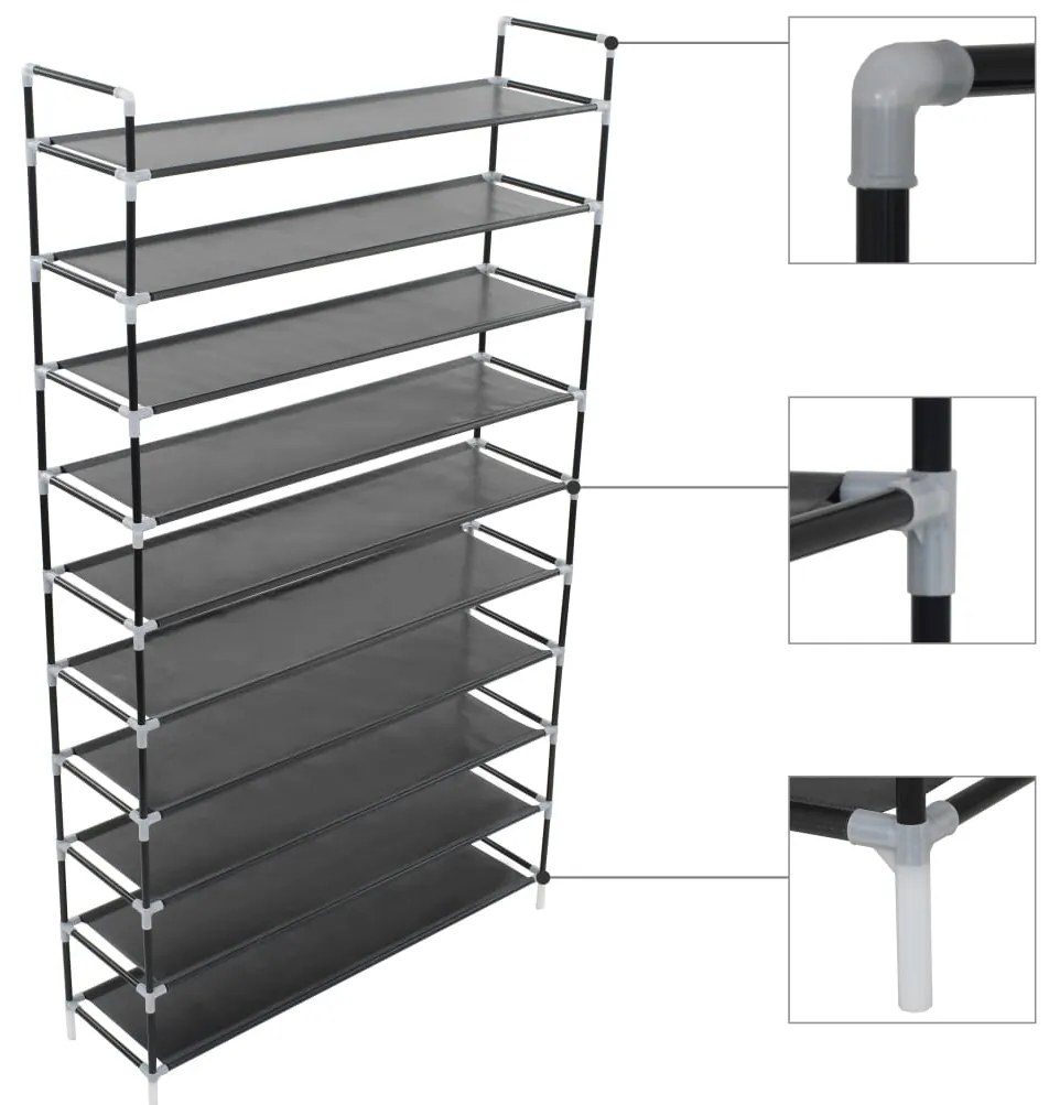 Botník s 10 policemi kov a netkaná textilie černý