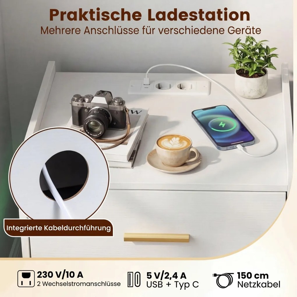 Costway Noční stolek s nabíjecí stanicí LED 2 zásuvkami moderní poloplovoucí