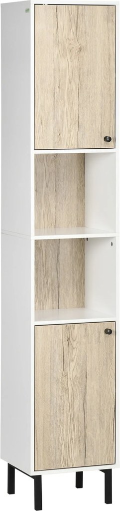 Vysoká skříňka kleankin do koupelny s 2 dveřmi a 6 policemi pro sprchu, toaletu a ložnici, moderní styl 31,5x30x169 cm Bílo-dubová | Aosom