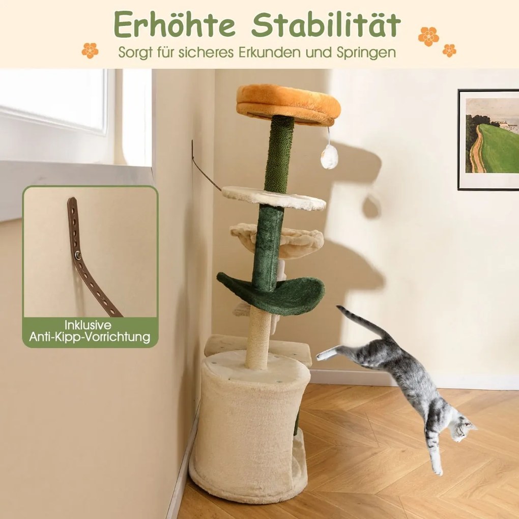 Costway Škrabadlo 114 cm vysoký kočičí strom s kočičí jeskyní sedákem ve tvaru