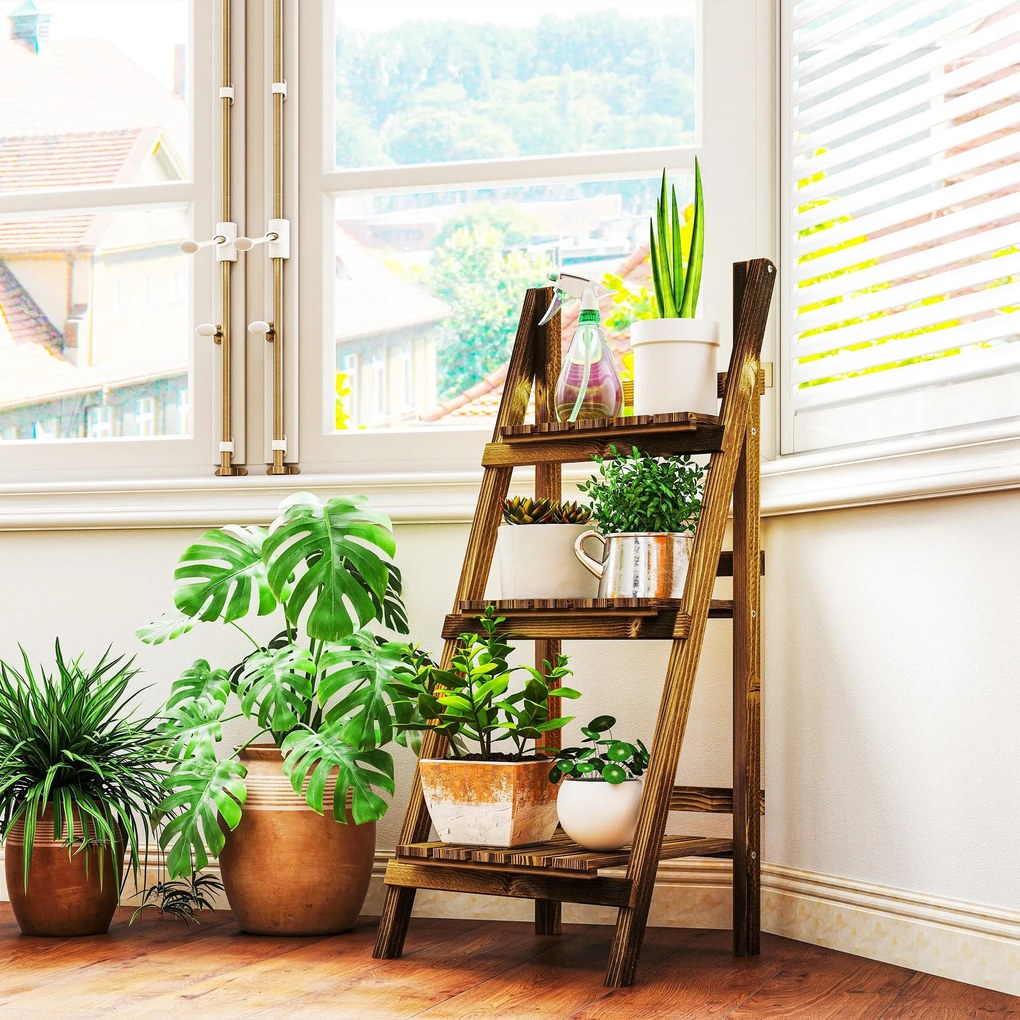 Outsunny Trojhákový Dřevěný Stojan na Rostliny Skládací Police na Rostliny pro Vnitřní a Venkovní Terasu Zahradu Balkon 40x37x93 cm Přírodní