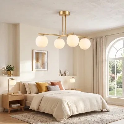 HOMCOM Moderní závěsná lampa se 4 kulatými stínidly, výškově nastavitelné a otočné o 350°, bílé