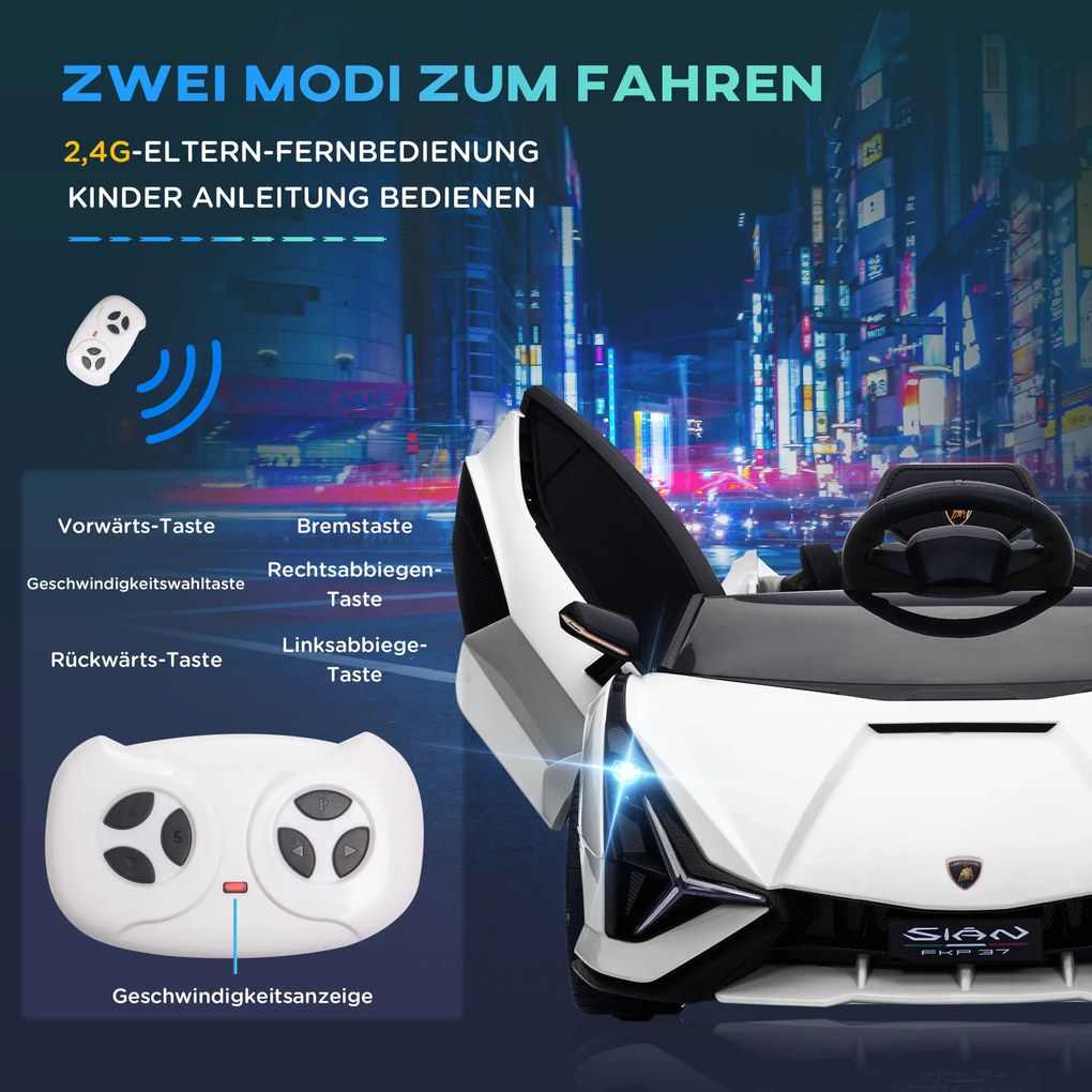 Dětské autíčko HOMCOM Lamborghini, s dálkovým ovládáním, 3 rychlosti, bezpečnostní pásy, hudební (MP3/USB) světlo, nosnost 25 kg, pro 37-60 měsíců, b…