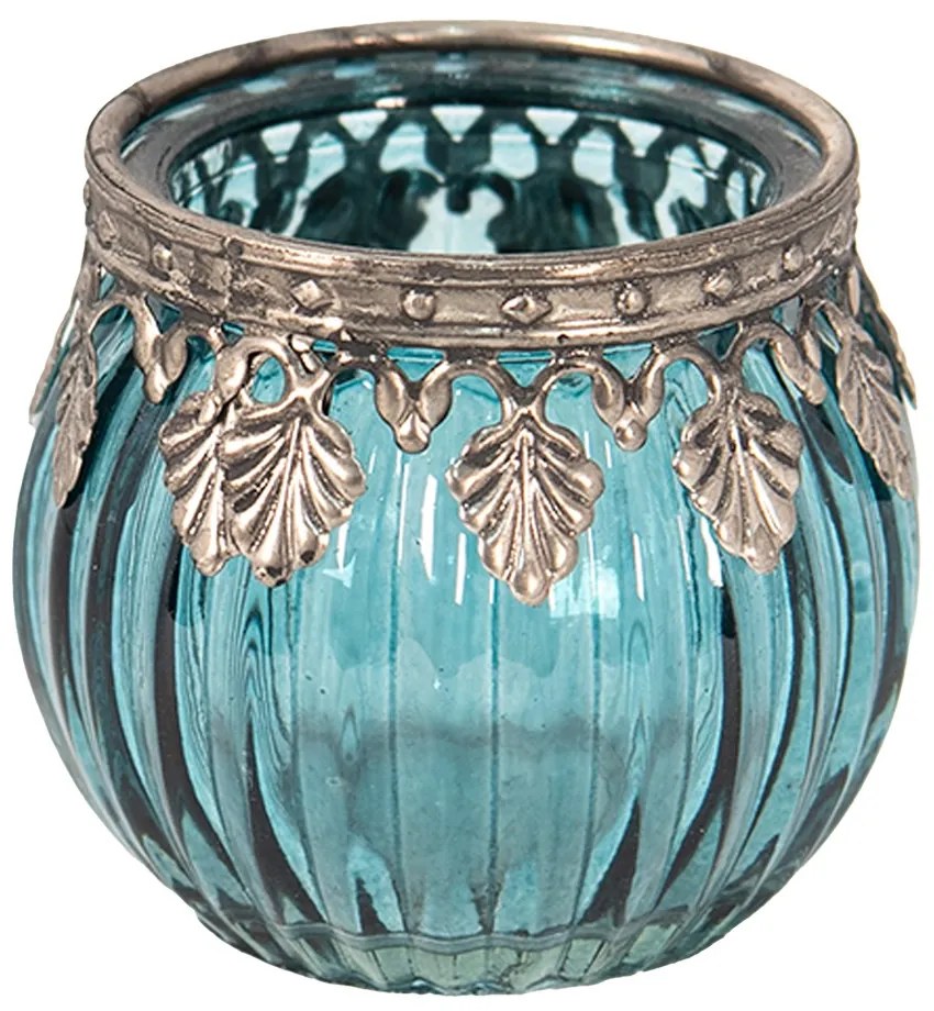 Modrý skleněný svícen na čajovou svíčku s kovovým lemem- Ø 6*5 cm