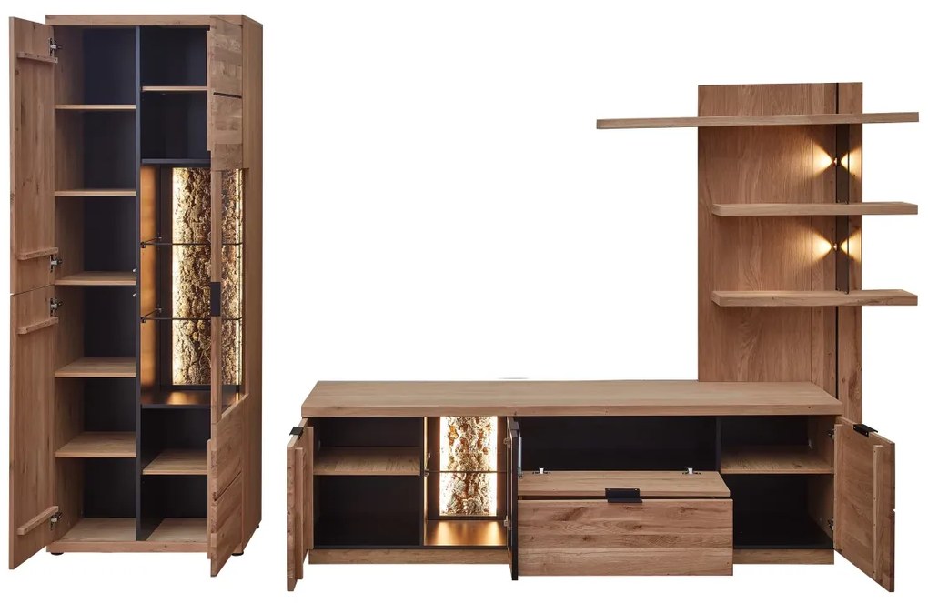 TV stolek Napoli 31 s LED osvětlením 200 cm z masivu dub Bianco
