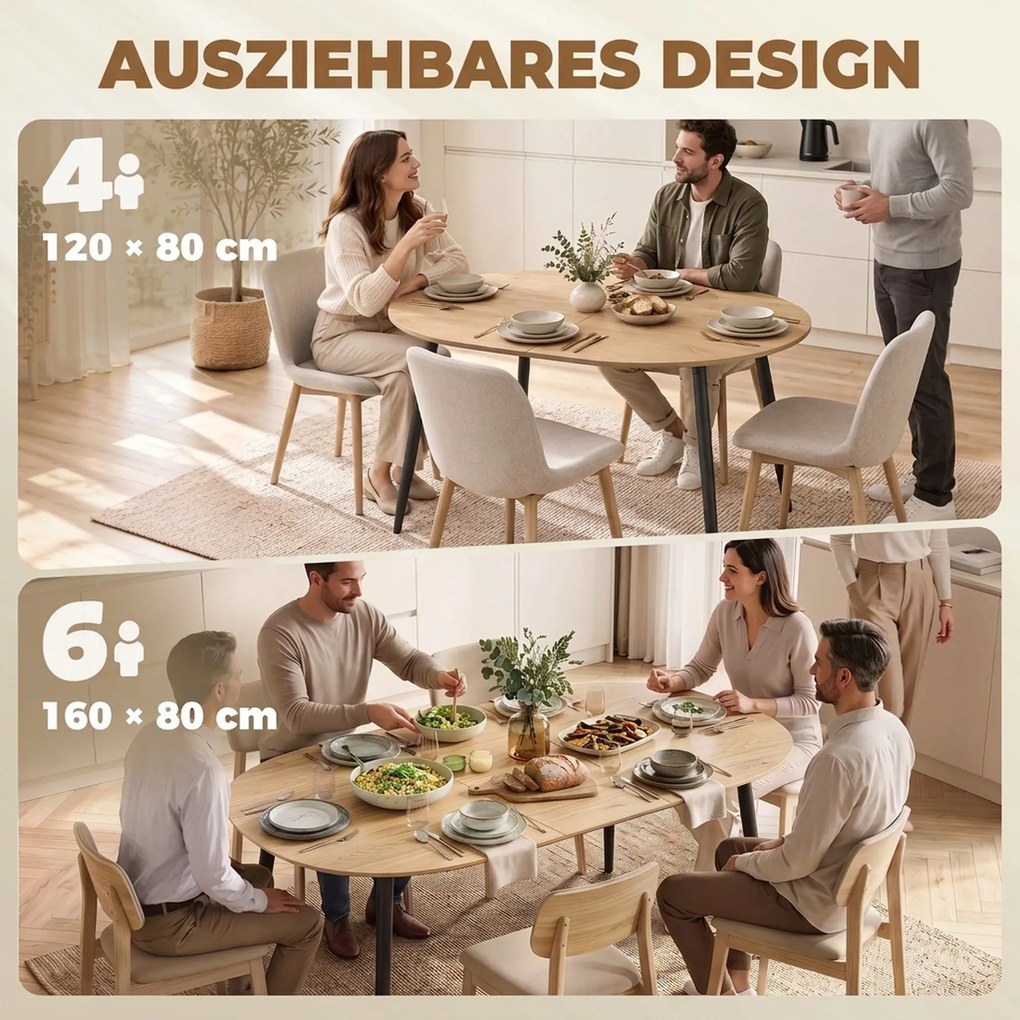 HOMCOM jídelní stůl Roztažný jídelní stůl o rozměrech 120–160 x 80 cm pro 4–6 osob s venkovským stylem kuchyně, jídelny a dubu
