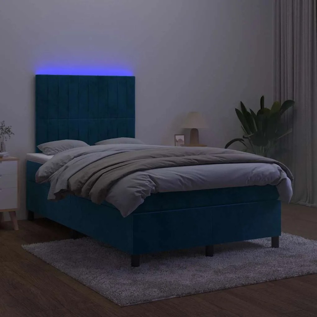 Box spring postel s matrací a LED tmavě modrá 120x200 cm samet 3136237