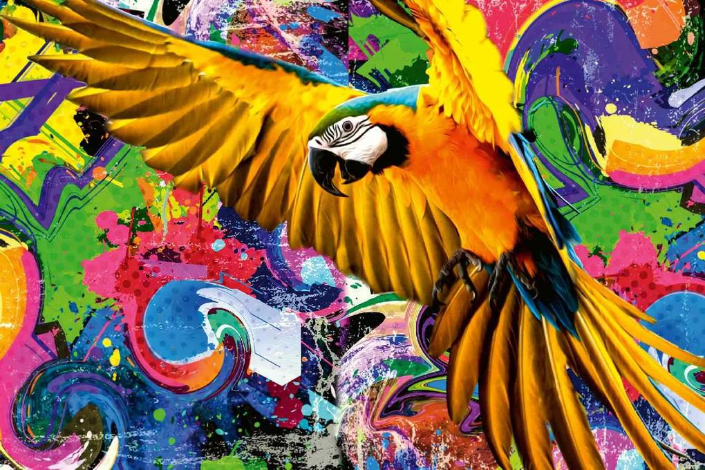 DIMEX | Samolepicí vliesová fototapeta na zeď Barevný papoušek MA-5-0399 | 375 x 250 cm | modrá, žlutá, růžová