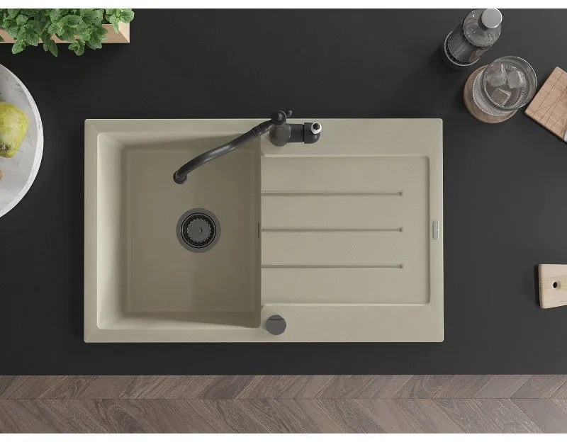 Mexen Bruno, granitový dřez 795x495x200 mm, 1-komorový a dřezová baterie Carla, béžová, 6513-69-670700-70