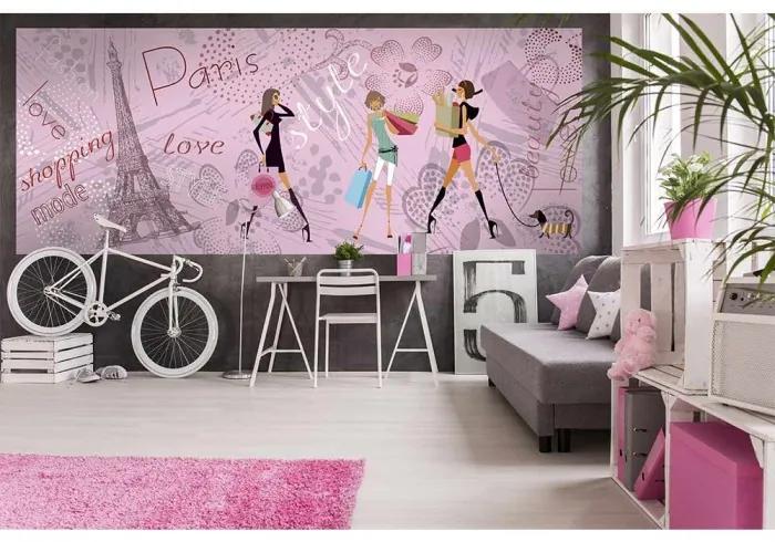 DIMEX | Dětská panoramatická vliesová fototapeta na zeď Pařížský styl MP-2-0331 | 375 x 150 cm | růžová, vícebarevná