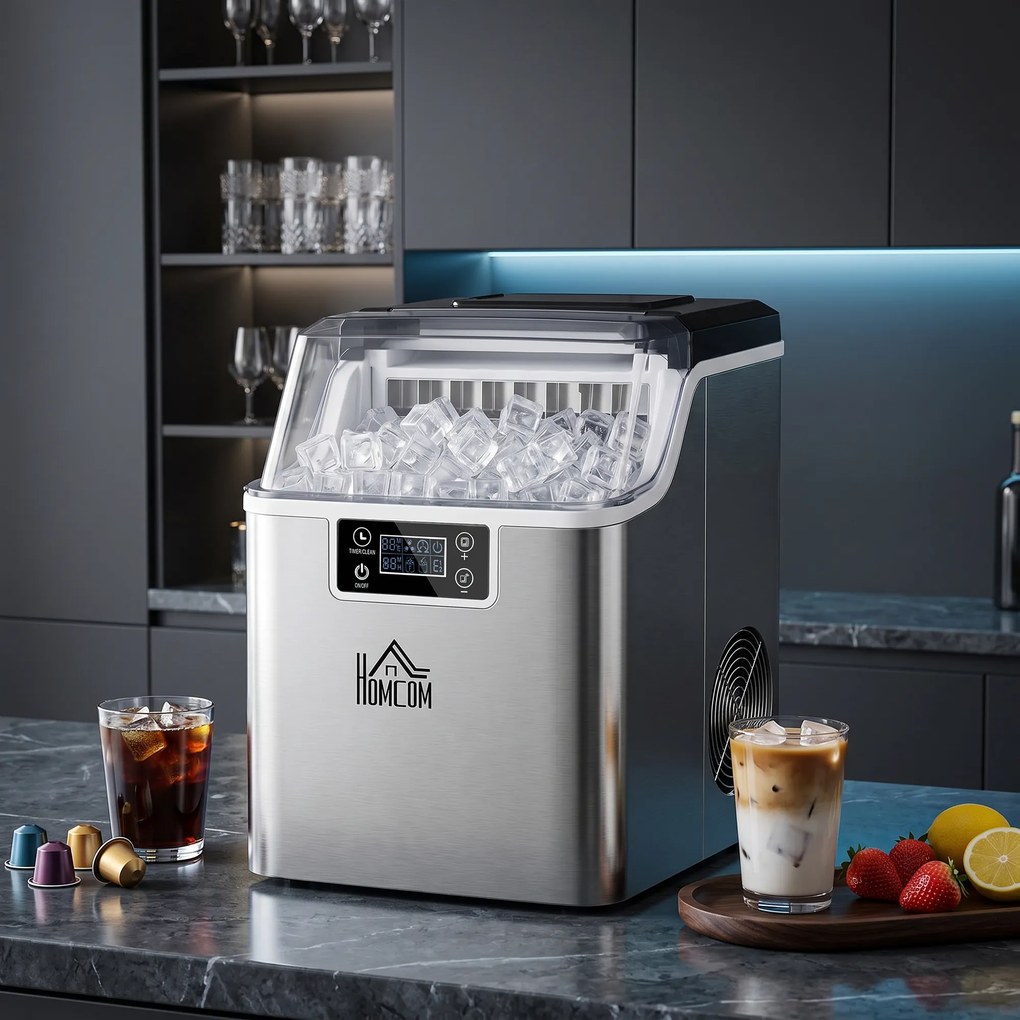 HOMCOM Výrobník kostek ledu, 20 kg/24h 2,3 l, s nádržkou na vodu 3,2 l, automatický čisticí program, nerezová ocel, 25,2 x 36 x 37,1 cm, stříbrná| Ao…