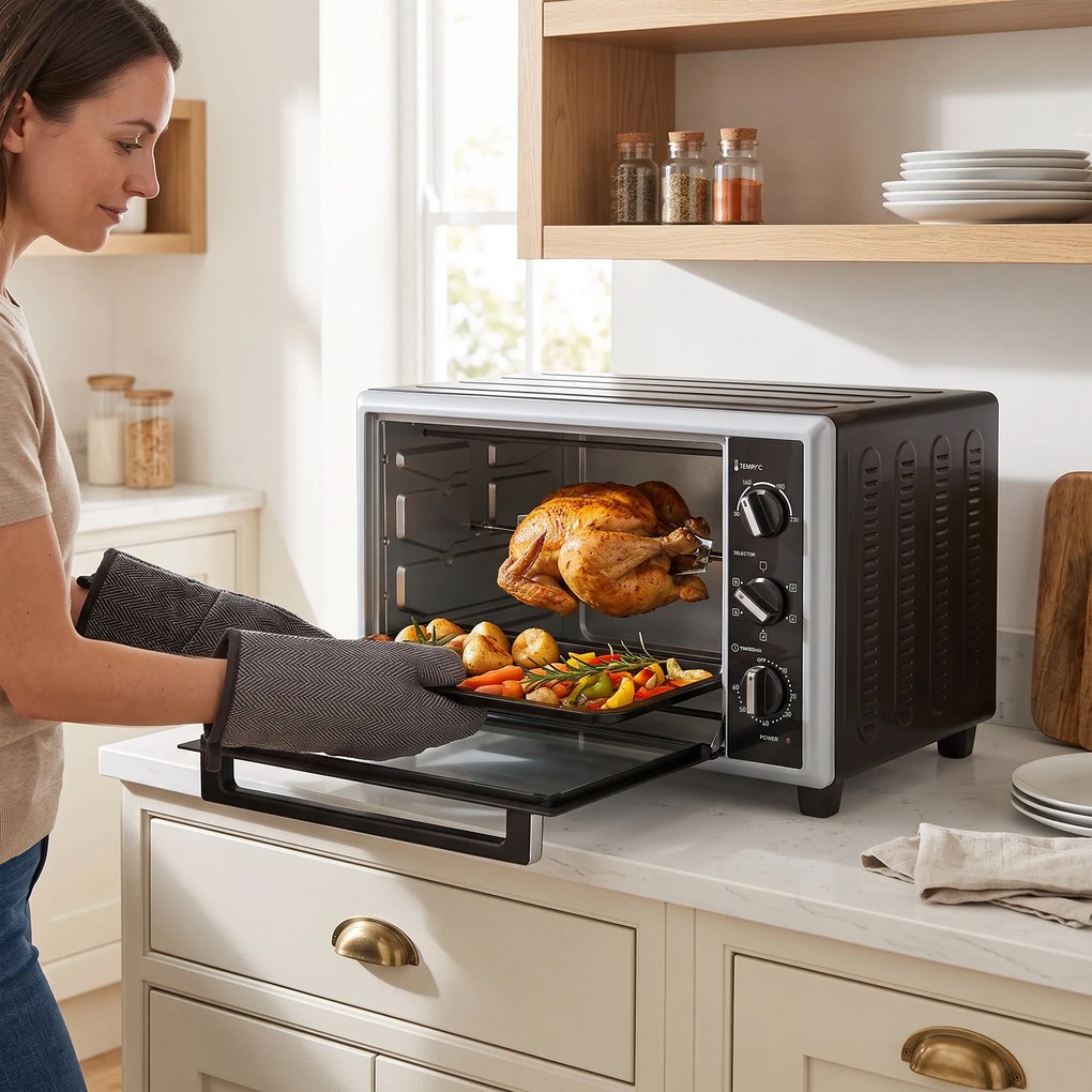 HOMCOM 46 L mini trouba s otočným špízem, ventilátorem, regulací teploty a časovačem, 1800 W, černá