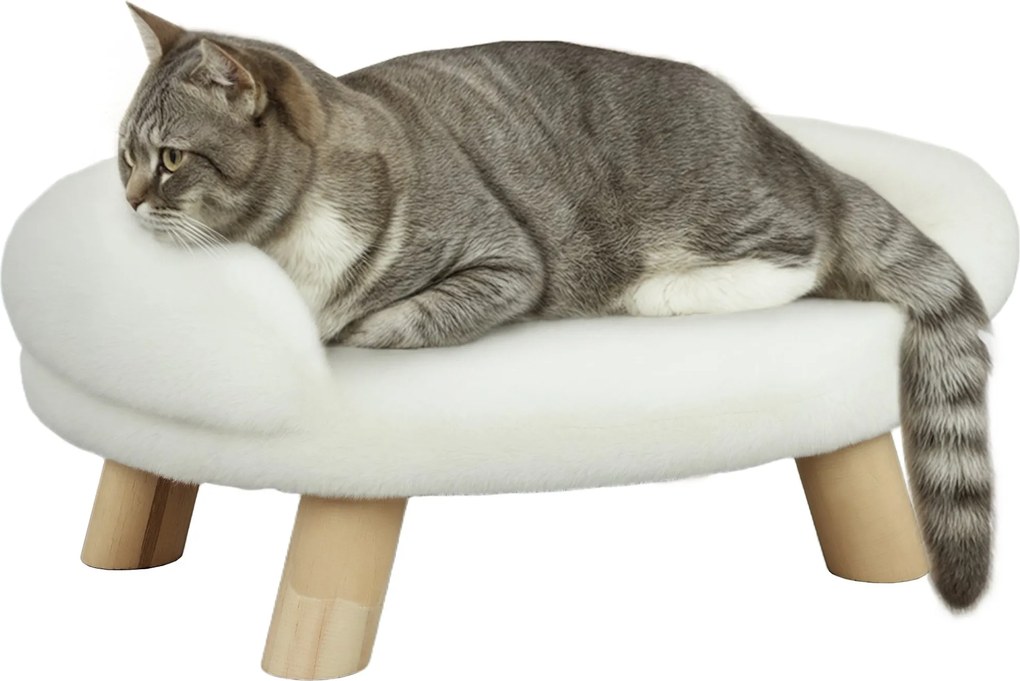 PawHut Psí Pohovka, Psí Postel, Pohovka pro Zvířata s Vzneseným Designem, Psí Gauč, Kočičí Pohovka, Psí Křeslo se Dřevěnými Nohy, Flanel, Krémová, 47