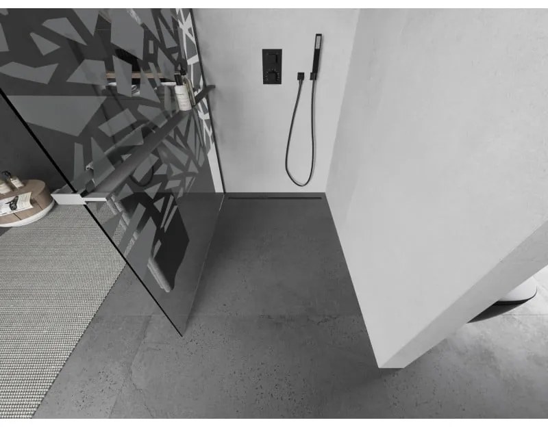Mexen Kioto+, sprchová zástěna Walk-In s poličkou a věšákem 80 x 200 cm, 8mm čiré sklo bílý vzor, grafitový profil, 800-080-121-95-85