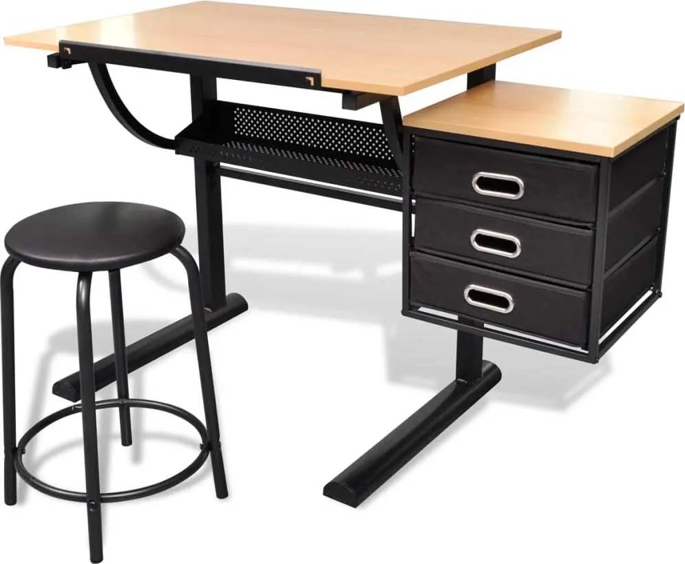 vidaXL Náklopný kreslicí stůl s židlí a třemi zásuvkami [20088]