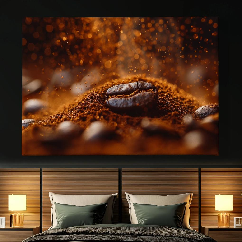 Obraz na plátně - Káva, zrnko v namleté hromádce FeelHappy.cz Velikost obrazu: 150 x 100 cm
