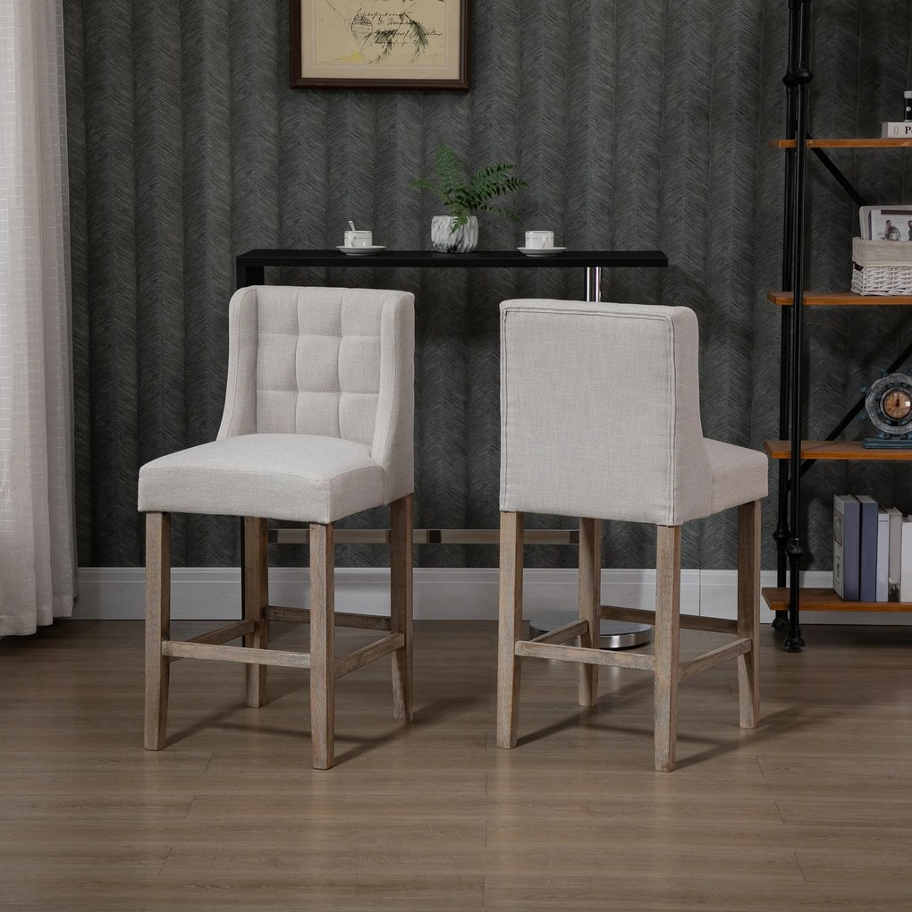 HOMCOM Barová židle sada 2 moderních kuchyňských židlí s nízkým opěradlem, lněný dotek, kaučukové dřevo, béžová barva, 47x50x101cm pro jídelní kout |…