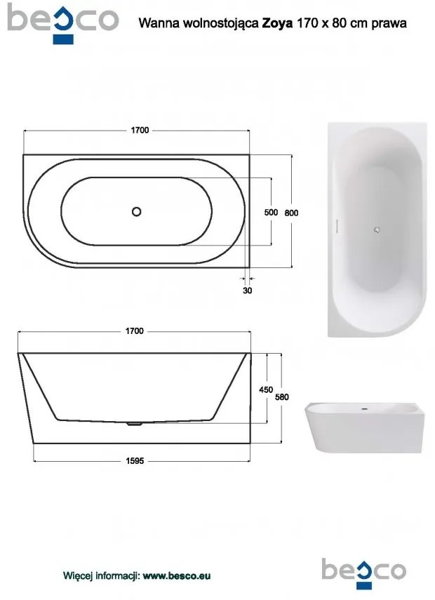 BESCO Volně stojící vana ZOYA Glam - zlatá Barva sifonu - Chrom, Rozměr vany - 170 × 80 cm, Způsob provedení - Pravé VANZOYA170PG1