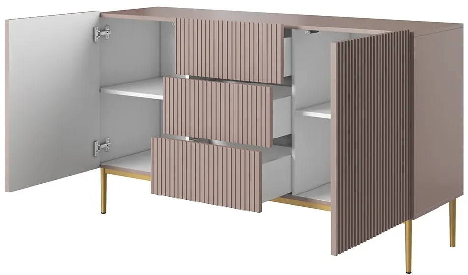 Komoda Nicole 150 cm s třemi zásuvkami - antický růžový MDF / zlaté nožičky | BIANO