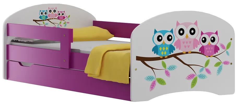 Dětská postel SOVIČKY  se zábranou Rozměr: 180x90, Matrace: VČETNĚ MATRACE, Barevná kombinace: ŠVESTKA / BÍLÁ