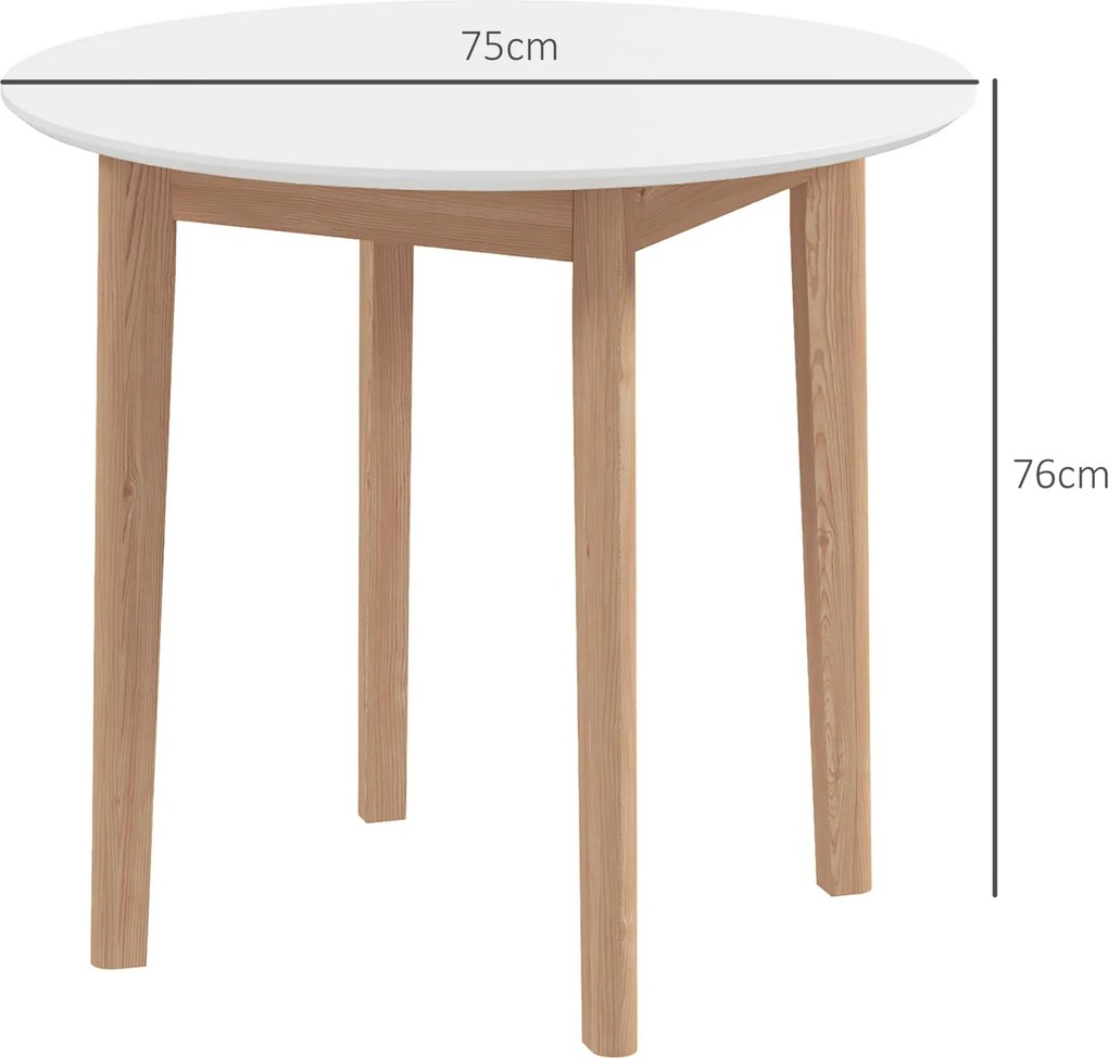 HOMCOM Jídelní stůl, kulatý kuchyňský stůl pro 2 osoby, jídelní stůl ve venkovském stylu, do obývacího pokoje, masiv, Ø75 x 76 cm, bílý
