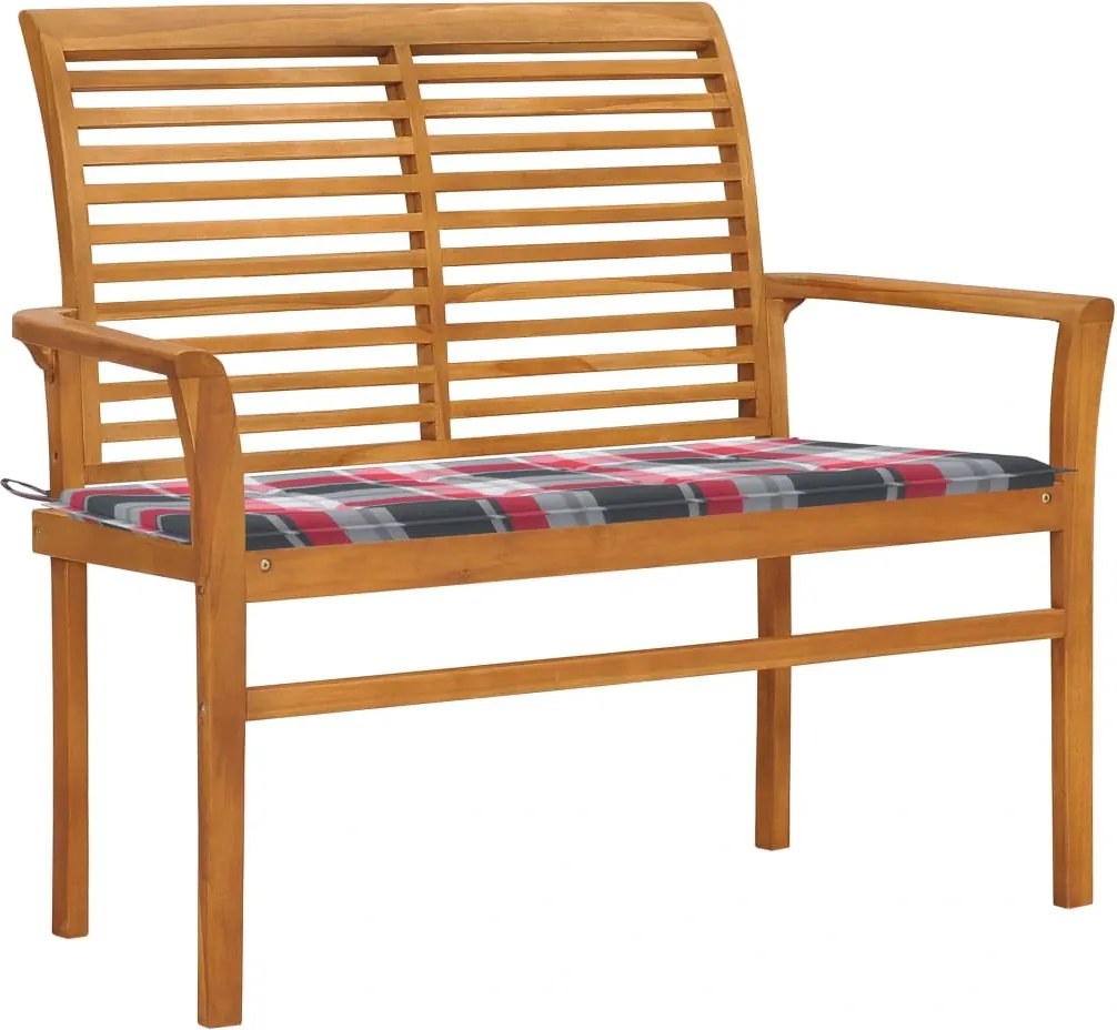 vidaXL Marketos Zahradní lavice + červená károvaná poduška 112 cm masivní teak
