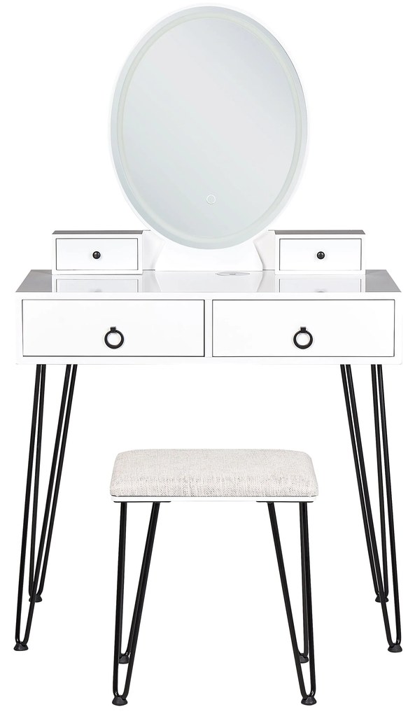 Toaletní stolek se 4 zásuvkami LED zrcadlem a stoličkou bílý/ černý SOYE Beliani