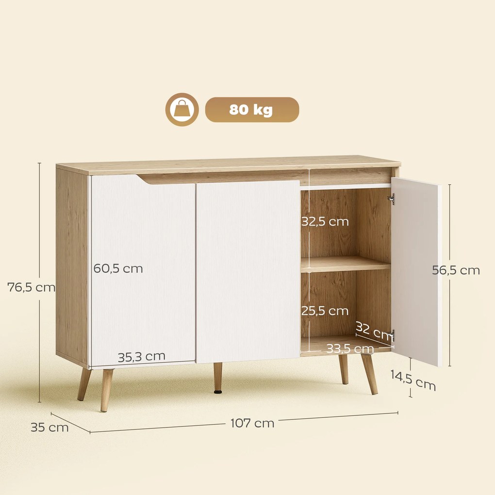 HOMCOM Komoda s 3 dvířky, 2 nastavitelnými policemi, 5 nohami z hevea, rustikální dub/bílá, 107 × 35 × 76,5 cm