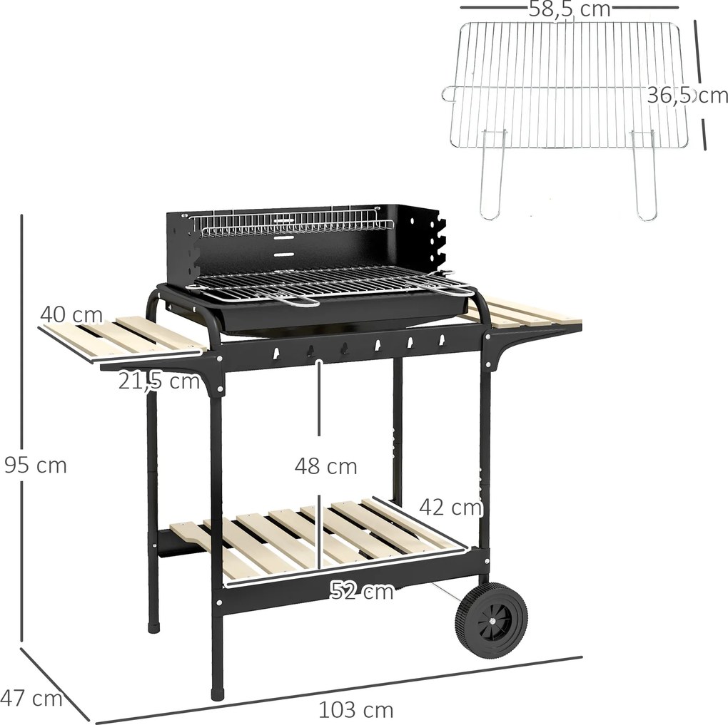 Kovový gril na dřevěné uhlí BBQ udírna s kolečky, výškově nastavitelný grilovací rošt, stojan na dřevo 103x47x95 cm černý