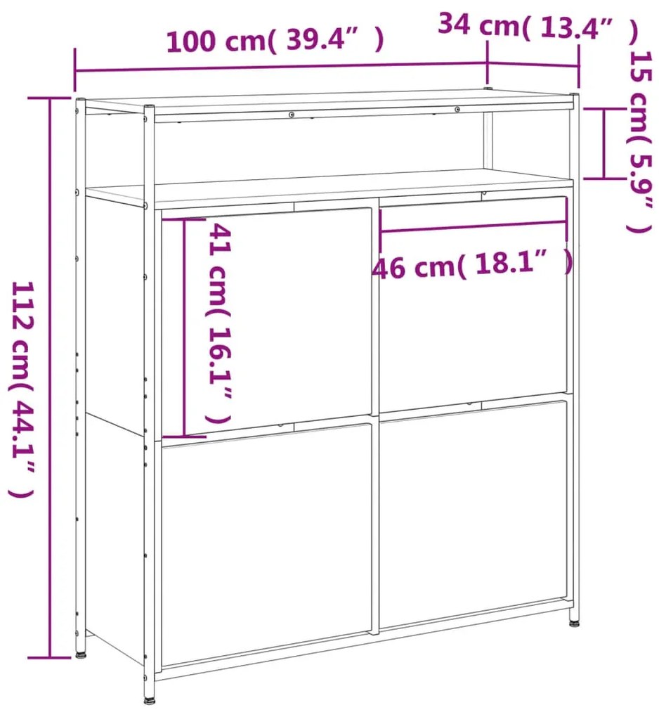 Botník se 4 výklopnými zásuvkami šedý sonoma 100 x 34 x 112 cm - Default Title
