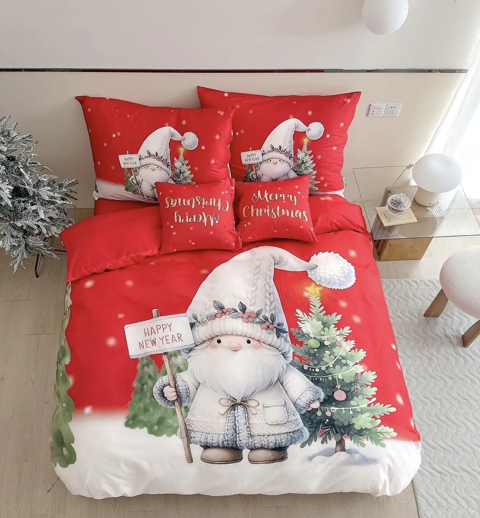 3 dílné 3D povlečení Polycotton Vánoční Skřítek červený 200x140cm+90x70cm TiaHome