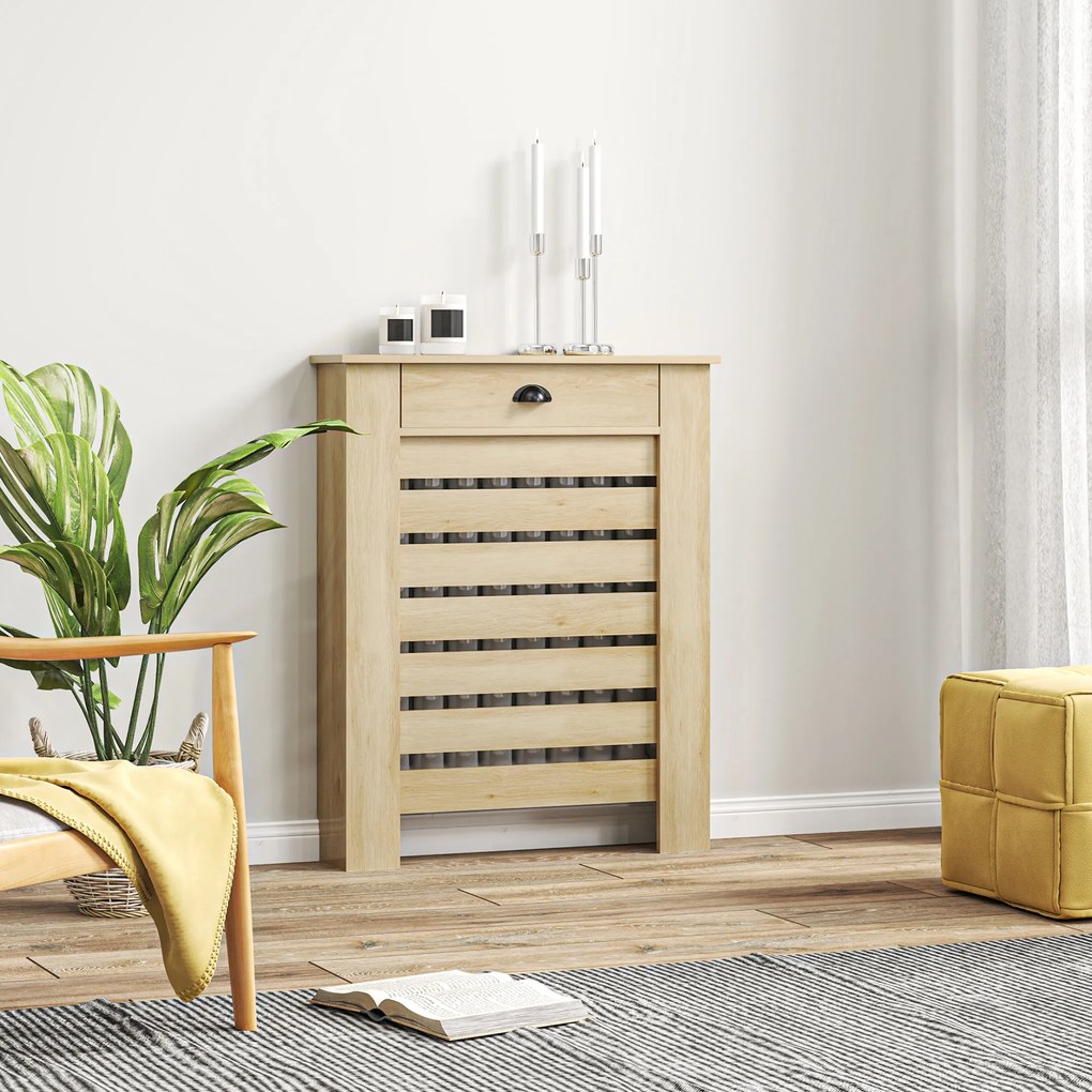 HOMCOM Kryt Radiátoru s Šuplíkem MDF Kryt Radiátoru do Obývacího Pokoje, Ložnice, Chodby 78x19x95,5 cm Dub