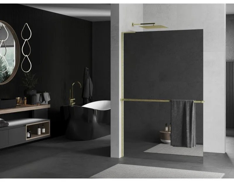 Mexen Kioto+ L, sprchová zástěna Walk-In s poličkou a věšákem 80 x 200 cm, 8mm sklo vzor zrcadlo, zlatý matný profil, 800-080-123-55-50