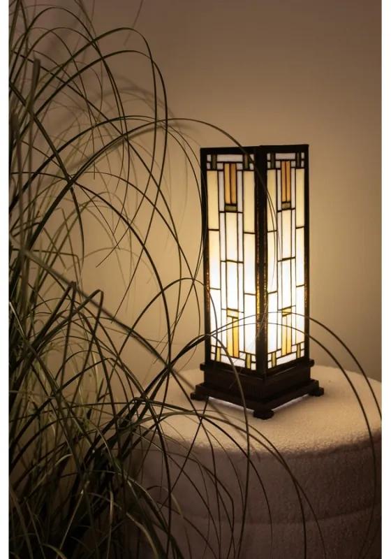 Stolní lampa Tiffany Zuria béžovo hnědá art deco ve tvaru hranolu – 12x12x35 cm
