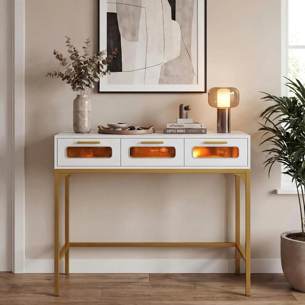Costway Konzolový stolek s LED světly a nabíjecí stanicí úzký – 90 × 40 × 75 cm