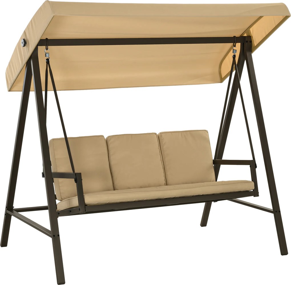 3-Sitzer Hollywoodschaukel, Gartenschaukel, verstellbares Sonnendach, 200 cm x 125 cm x 175 cm, Beige + Braun