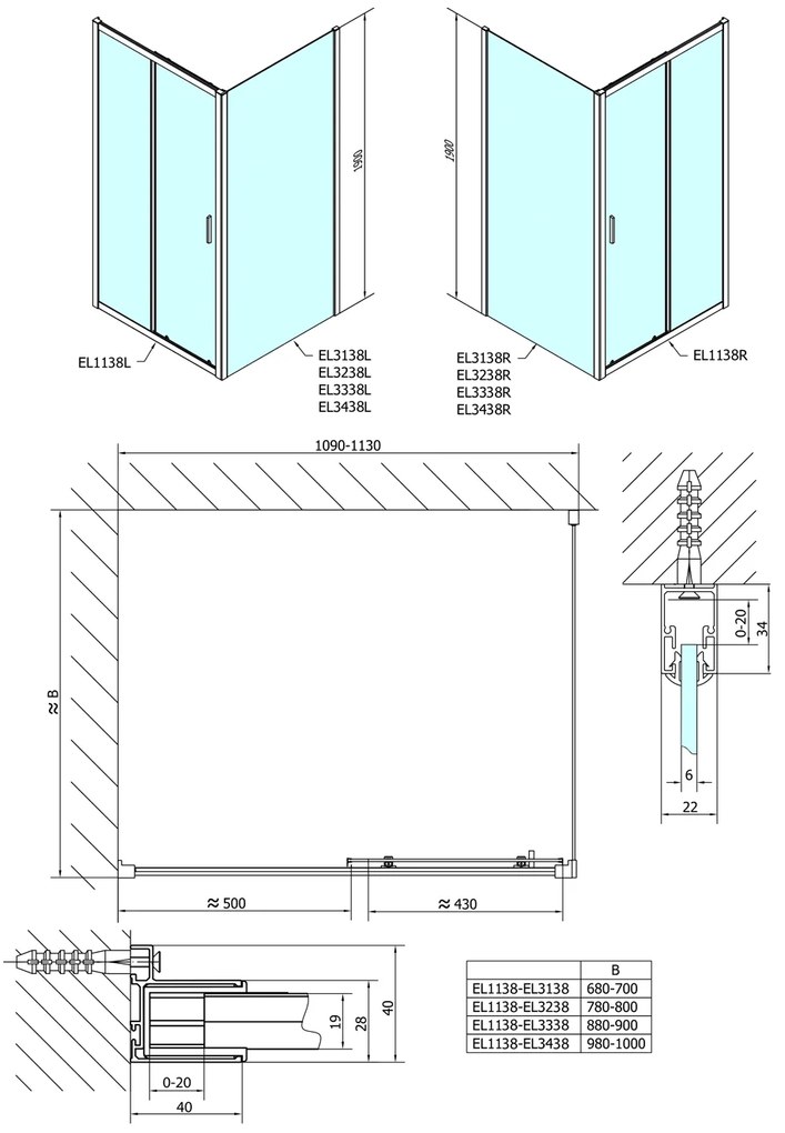 Polysan EASY LINE sprchové dveře 1100mm, sklo BRICK, EL1138