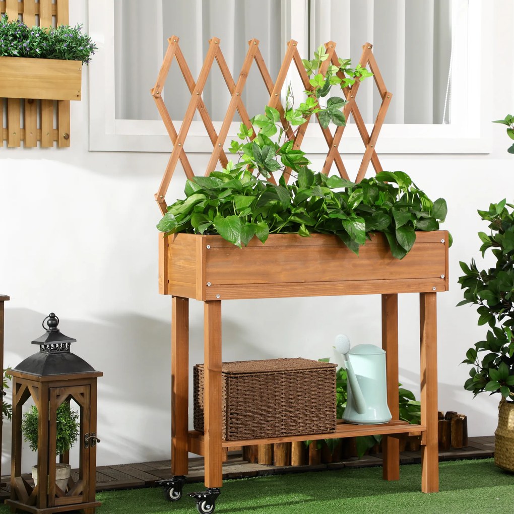Vyvýšený záhon Outsunny s mřížovým truhlíkem na kolečkách s policí z masivního dřeva na terasu a zahradu v hnědé barvě 79x29x130cm