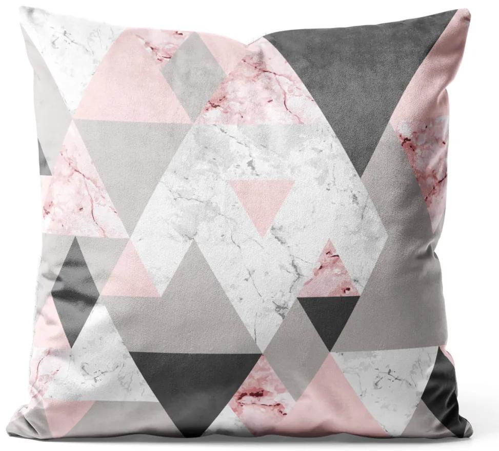 Dekorační velurový polštář Růžové trojúhelníky - geometrický, minimalistický motiv v odstínech růžové welurowá