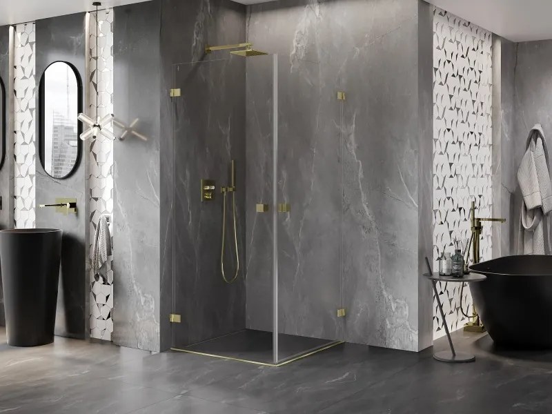 Mexen Lunar-B Duo, výklopný sprchový kout 75 x 75 cm, 8mm čiré sklo, zlatý matný profil, 832-075L-075P-55-00