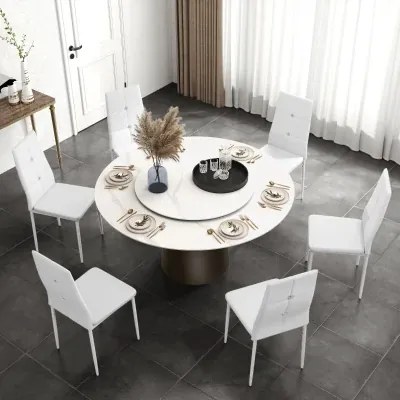 HOMCOM sada 6 jídelních židlí s PU potahem, vysoké opěradlo s křišťálovými knoflíky a kovovými nohami, moderní design, bílá
