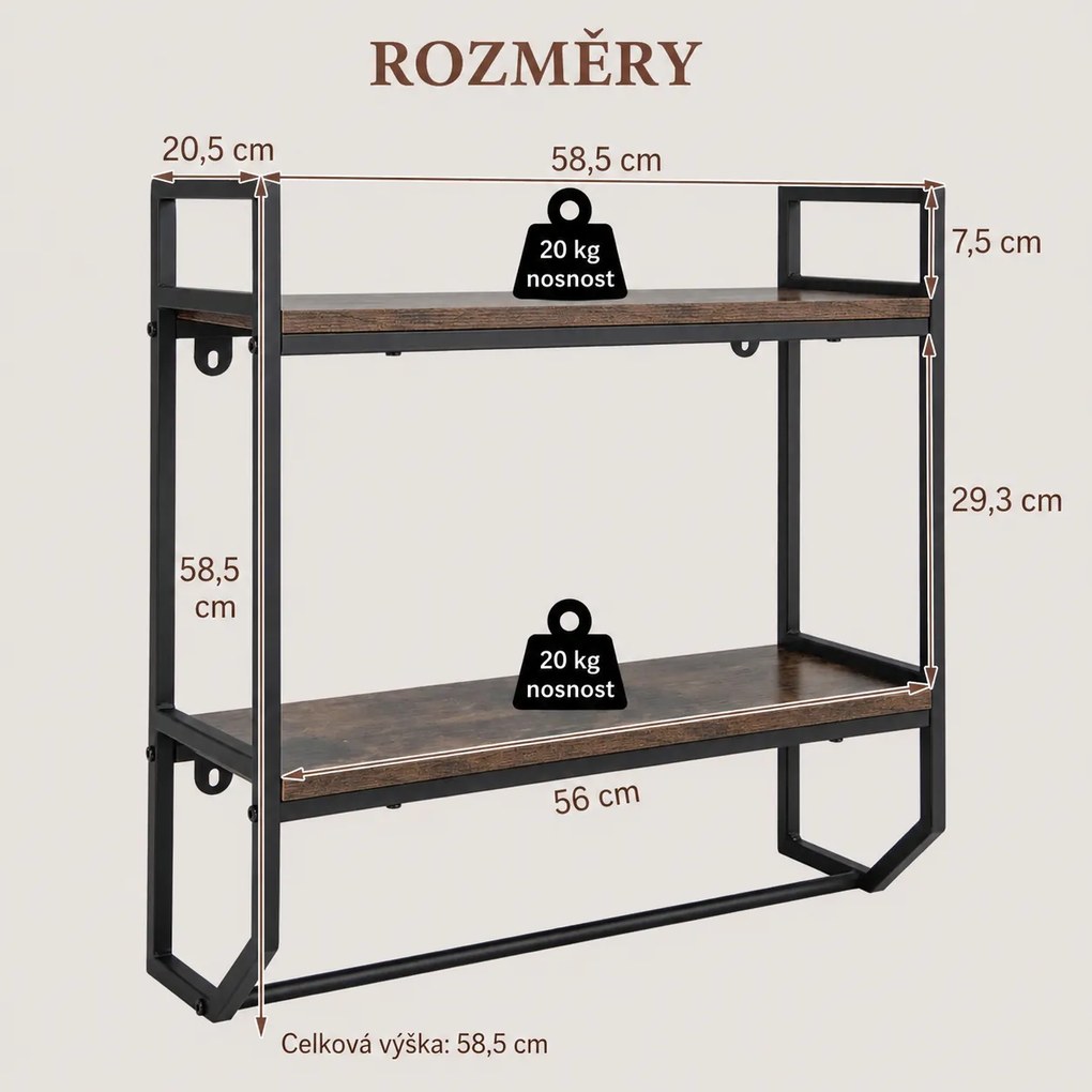 Koupelnová polička s držákem ručníků, kov/dřevo, 58 x 58 cm JV13087