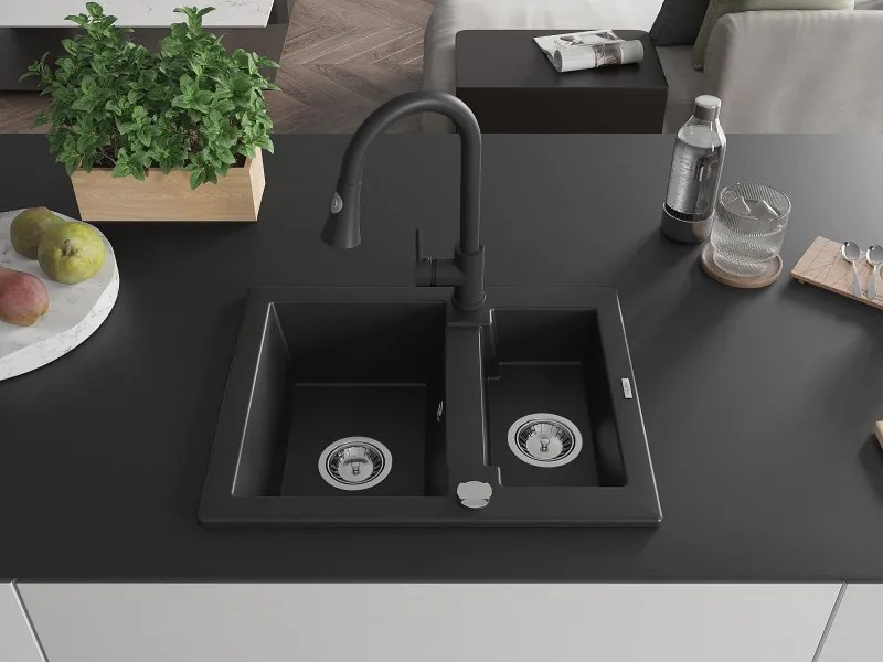 Mexen Carlos granitový dřez 1,5-komorový s kuchyňskou baterií Elia, černý - 6518-77-670101-70