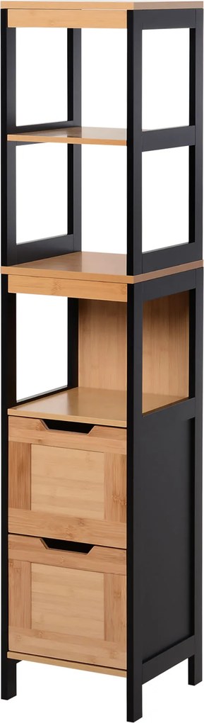 Kleankin Koupelnový Sloupkový Skříň S 3 Policemi A 2 Zásuvkami Moderní Styl 30x30x144,3 cm Černá a Přírodní
