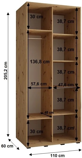 Šatní skříň Sapporo Abika 110/205,2/60 barevné provedení: černý mat + bílý mat+ černé lamely