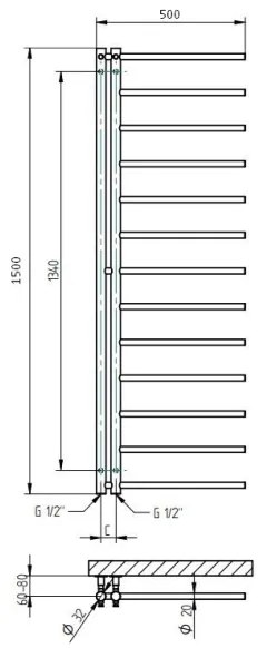 P.M.H. AP2C-L-Koupelnový žebříkový radiátor APOLLO 219W 150 cm levá/lesklý chrom