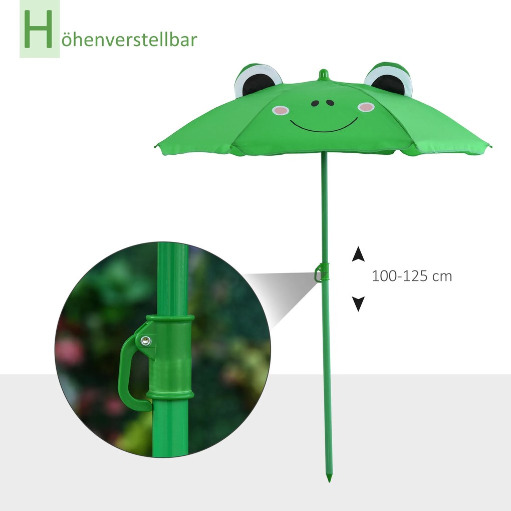 Zahradní set Outsunny pro děti – stůl a židle na piknik, skládací set pro děti se nastavitelným deštníkem 100-125 cm, design žabky, zelený